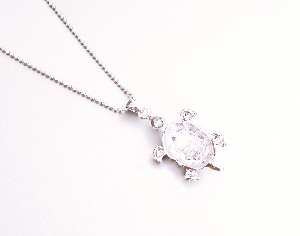 CRYSTAL TURTLE PENDANT CHARM NECKLACE SILVER TONE CLEAR PINK BLUE MULTI ...