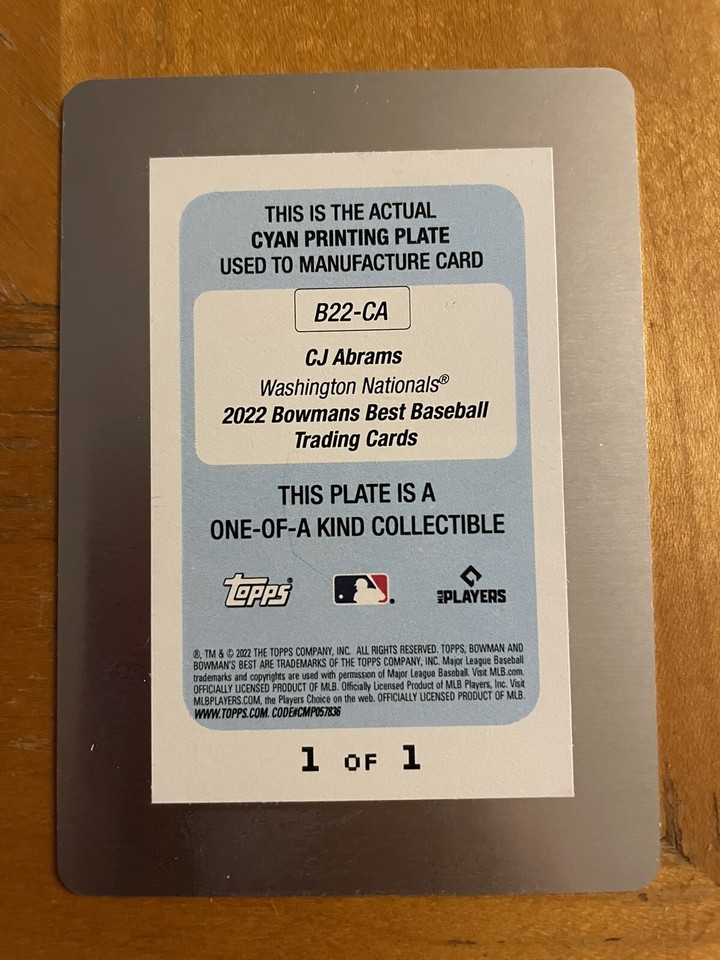 2022 Bowmans Best CJ ABRAMS PRINTING PLATE Rookie AUTOGRAPH AUTO #1/1 ...