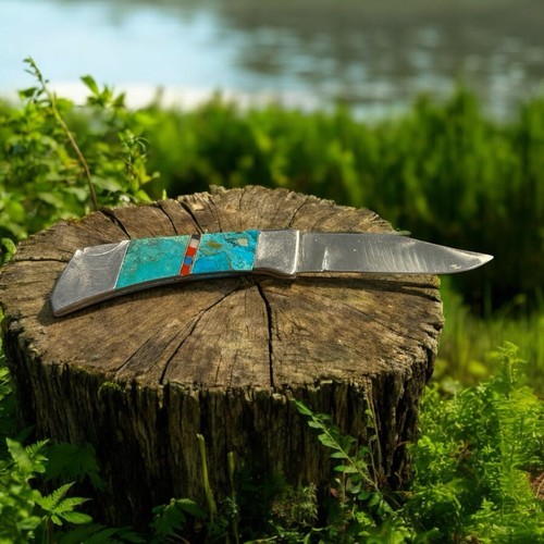 Pocket Knife Turquoise & Stone Inlay Handle Single Stainless Blade Easy ...