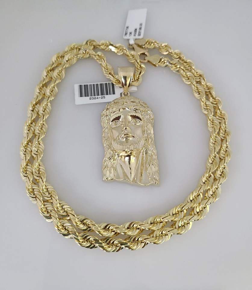 Mens 10k Gold 6mm Rope Chain & Jesus Face Pendant Necklace Set 20"-30 ...