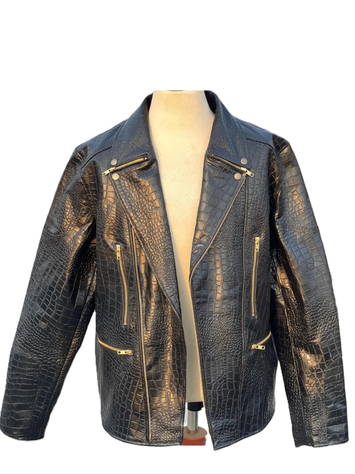 Men's Black Croco Leather Jacket Gator Textured Moto Biker Lambskin ...