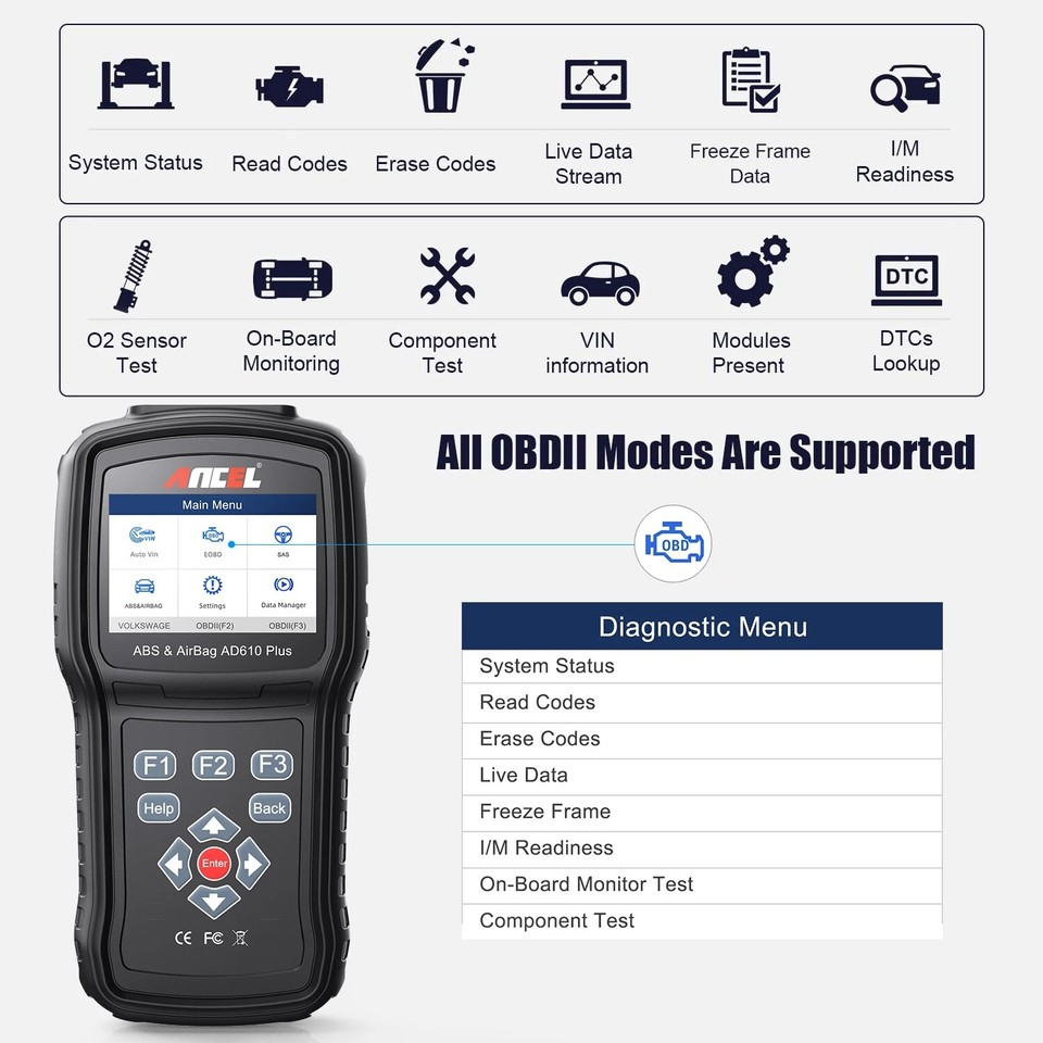 ANCEL AD610 Plus Car OBD2 Scanner SRS ABS Bleeding SAS Auto Diagnostic ...