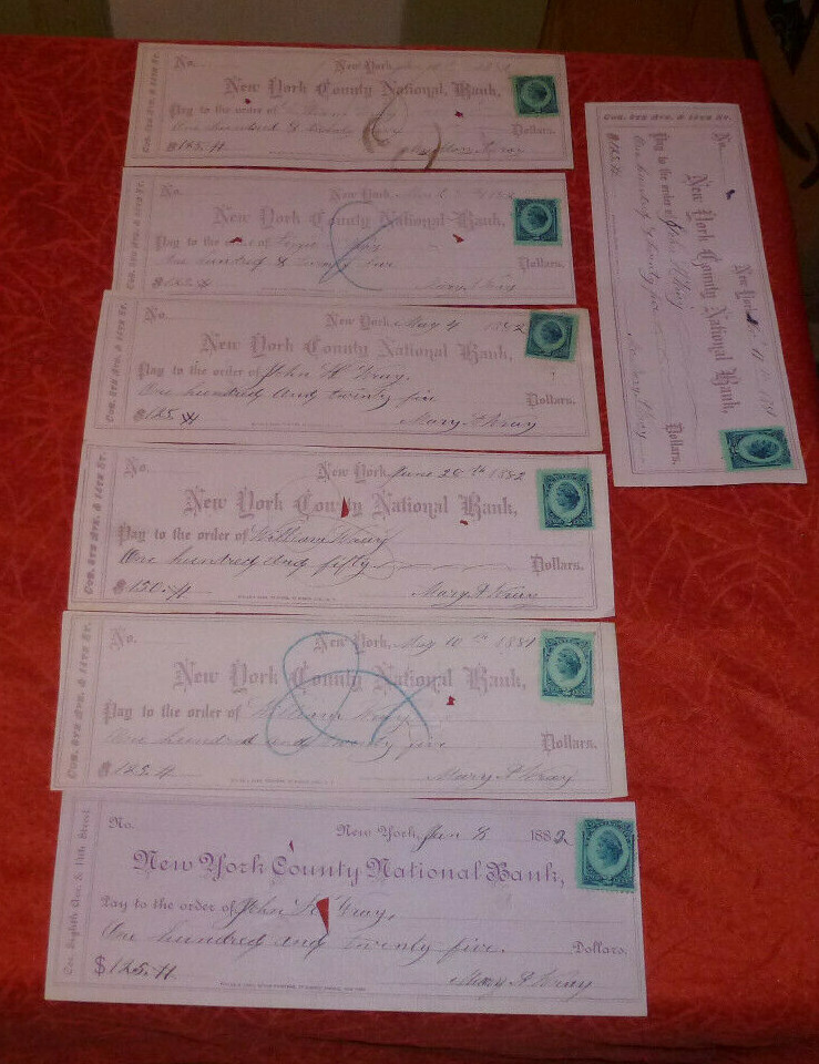 Lot of 4 New York County National Bank Checks With 2 cent stamps 1881 ...