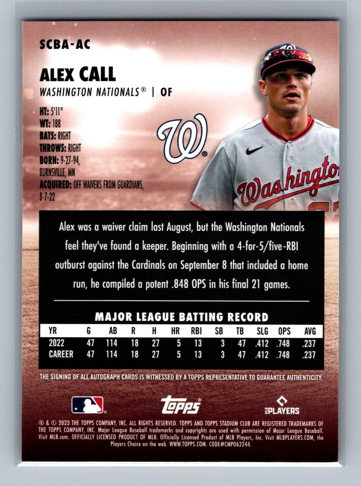 2023 Stadium Club Alex Call Autograph | eBay