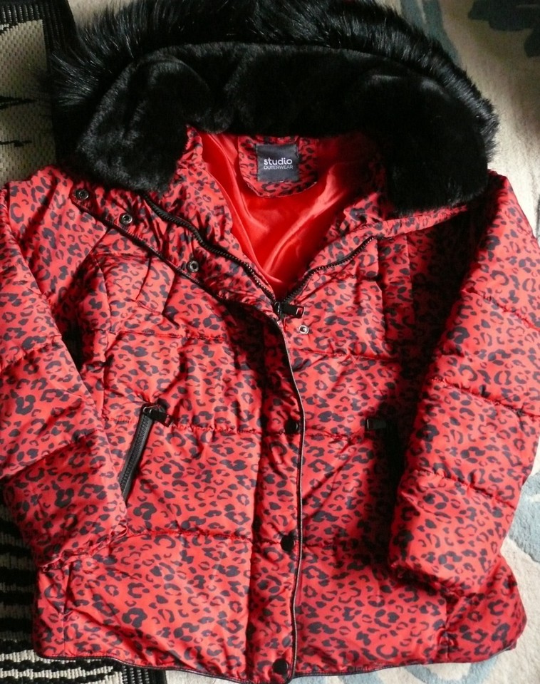 Puffa Jacket Leopard Print with full faux fur hood Size 12 Red | eBay UK