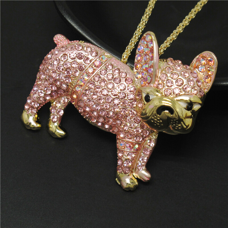 Fashion Women Pink Rhinestone Bling Cute Pug Dog Crystal Pendant Chain ...