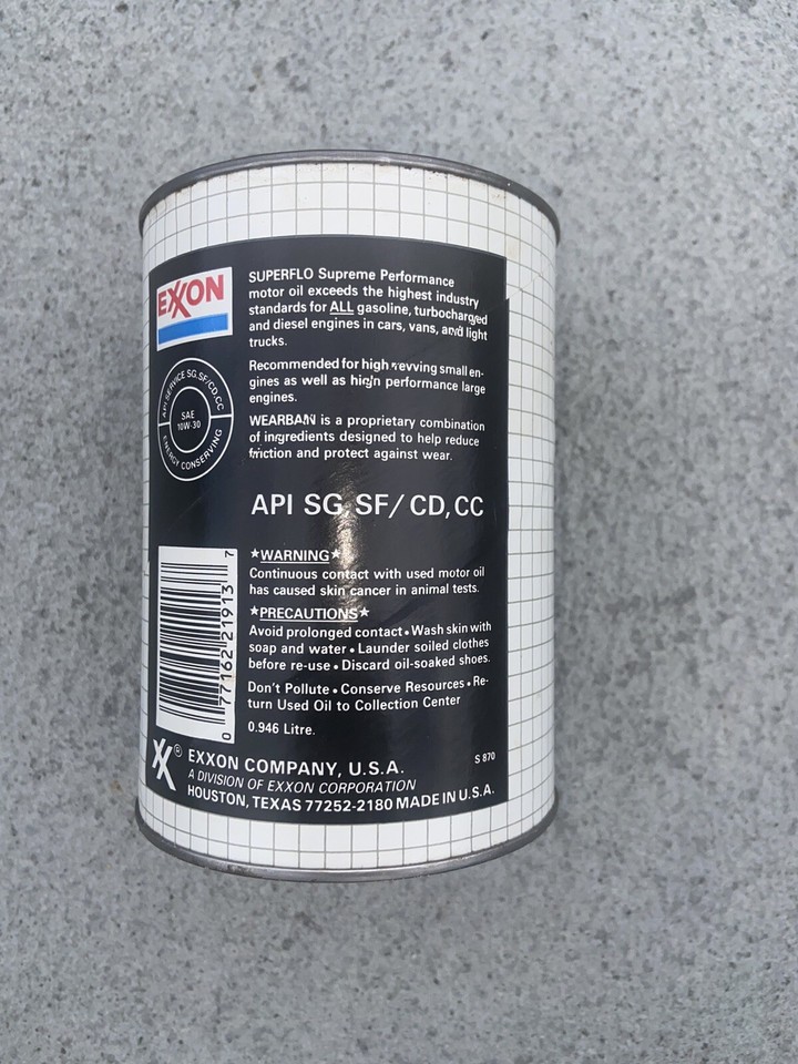 Vintage EXXON SUPERFLO Paper Can 1Qt SAE 10W-30 White Can Full RARE OIL ...