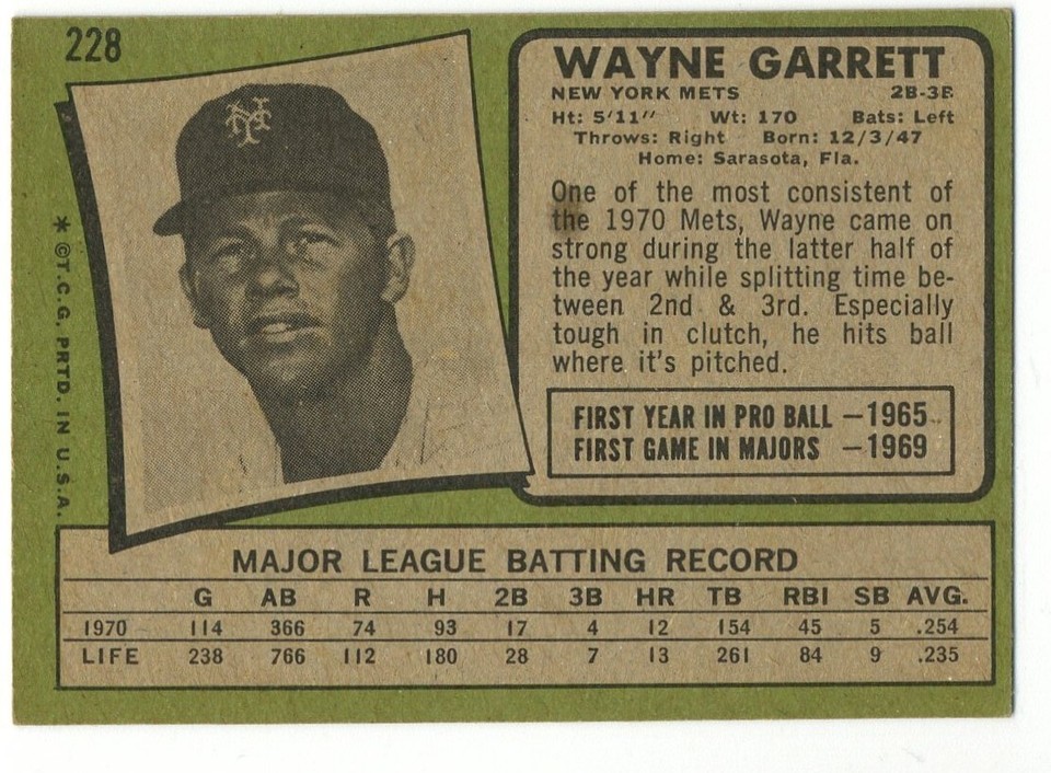 1971 TOPPS NEW YORK METS WAYNE GARRETT #228 EX | eBay