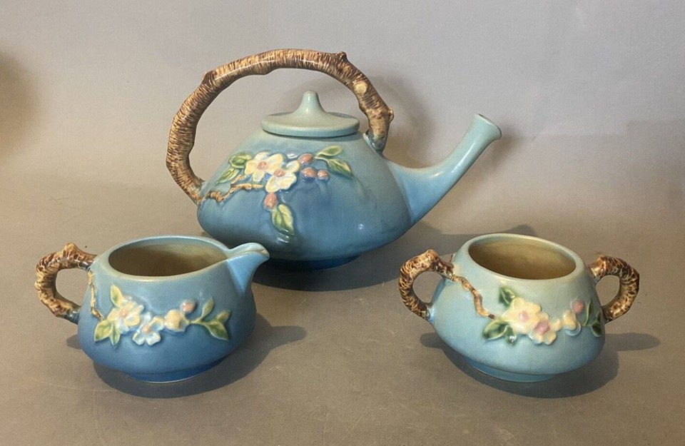 Vintage Roseville Art Pottery 3 Piece Blue Apple Blossom Tea Set | eBay