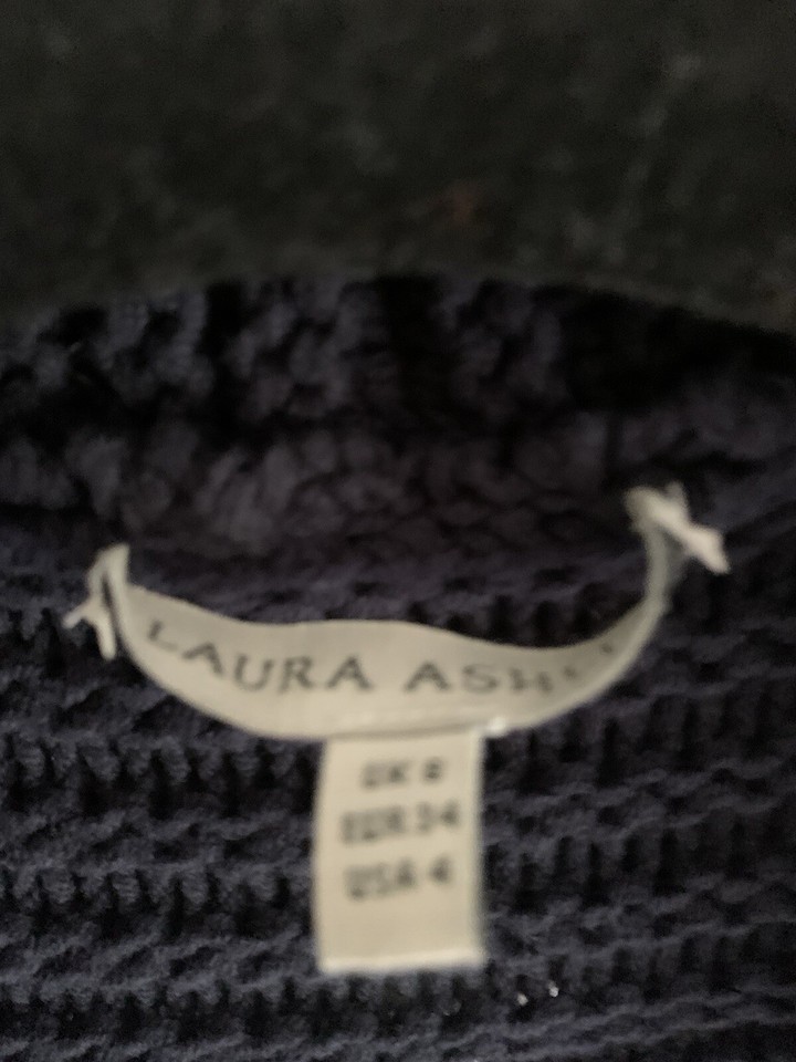 Vintage Laura Ashley Cardigan Shrug Navy Blue Ribbed Long Sleeves Size ...