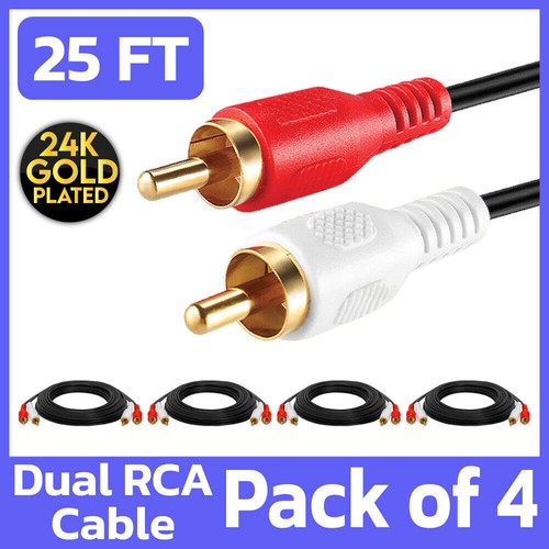 4 Pack Dual RCA Cable 25 Feet Stereo Audio Red White Cord 2 Male to 2 ...