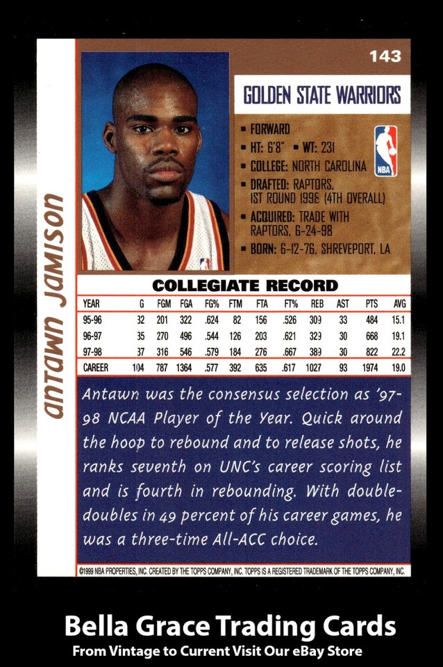 1998-99 Topps Antawn Jamison #143 Golden State Warriors Rookie NBA ...