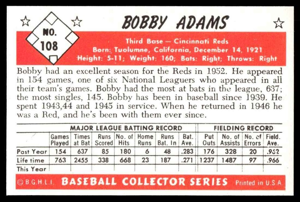 1983 BGHLI 1953 Bowman Color Reprint Bobby Adams Cincinnati Reds #108 ...