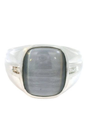 Cat Eye Laborite Ring With 4 Round Cut Diamond And 10 Kt White Gold ...