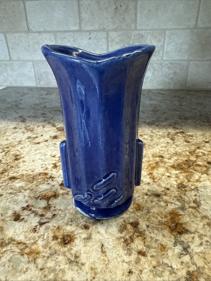 McCOY Pottery 5-1/2" Cobalt Blue Color Ribbed Vase Handles "USA C ...