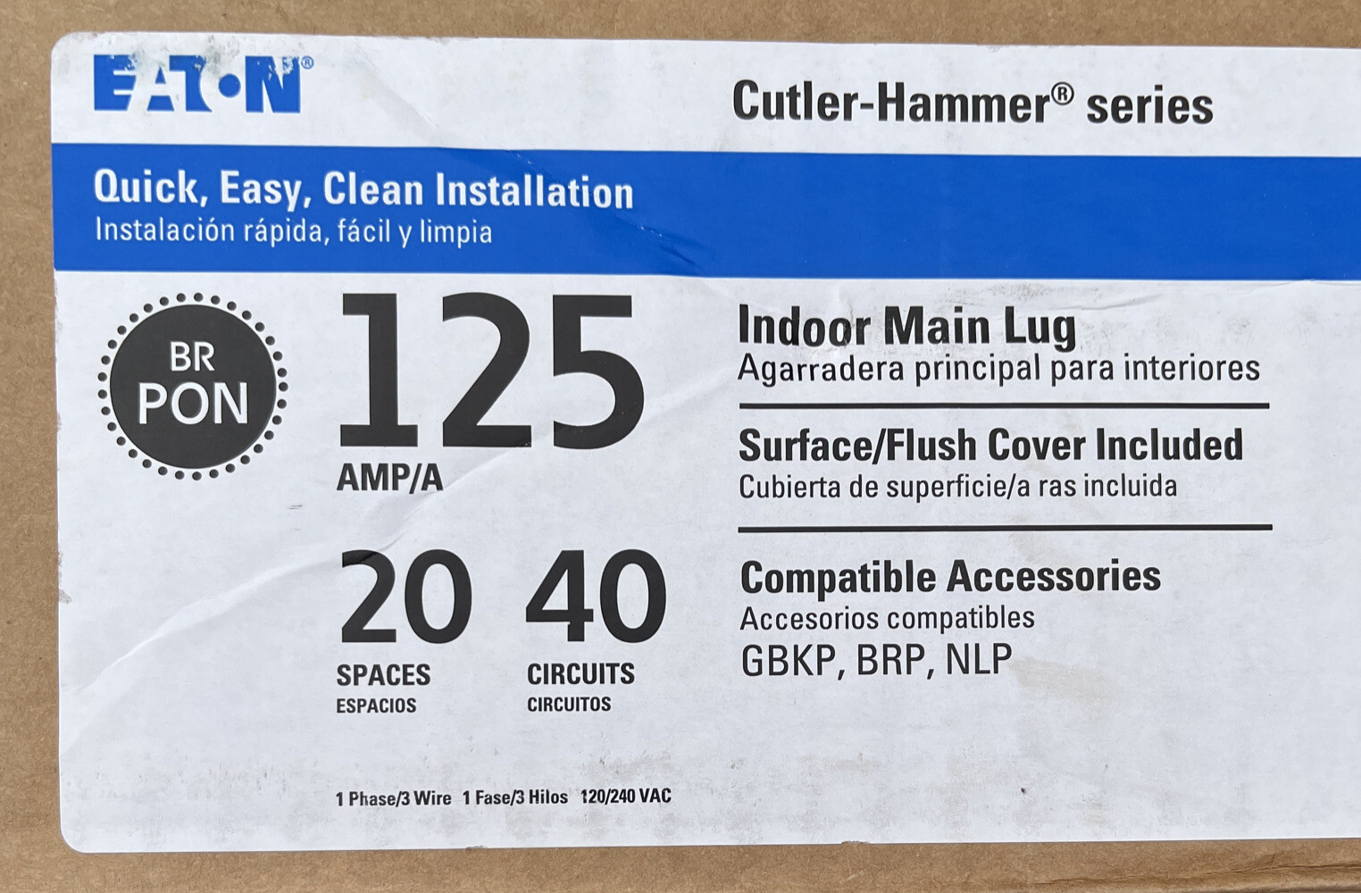 Eaton Cutler BRP20L125 Indoor Main Lug Panel 1PH 3Wire 20 Space 40 ...