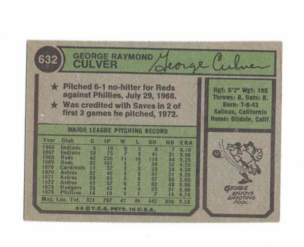 George Culver Philadelphia Phillies Pitcher #632 TCG 1974 #Baseball ...