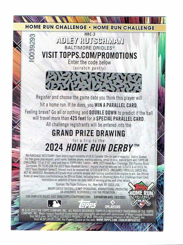 2023 Topps Series 1 Home Run Challenge Code Card HRC-3 Adley Rutschman ...