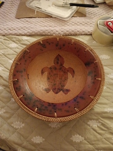 Redware Pottery Bowl With Turtle Design And Basket Weave Trim Handmade ...
