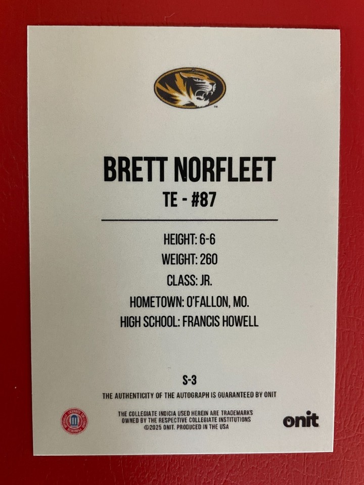 Brett Norfleet 2025 Onit Football #S-3 Silver Signature /9 Missouri ...