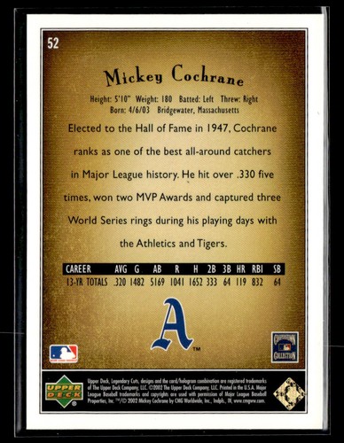 2002 SP Legendary Cuts #52 Mickey Cochrane Card Philadelphia Athletics ...