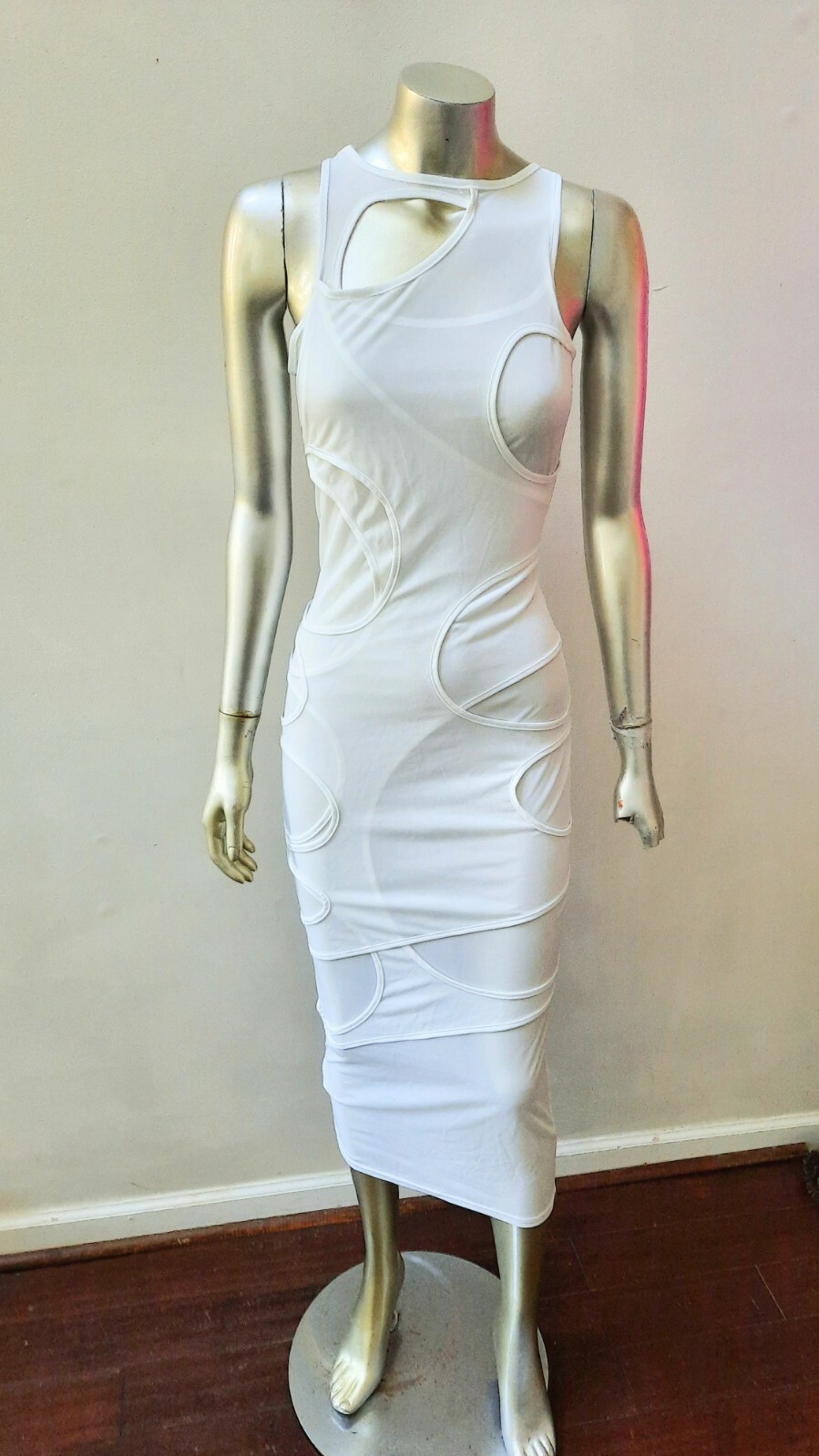 WHITE CUTOUTS SEMI SHEER MOD BODYCON FITTED PARTY BOD… - Gem