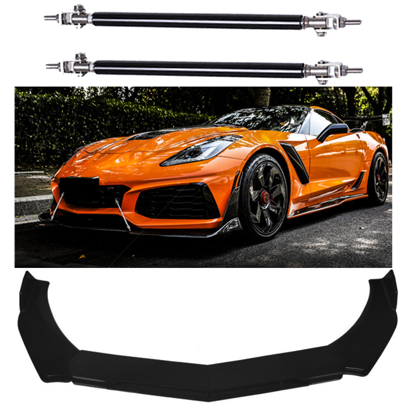 For Chevy Corvette C8 C7 Front Bumper Lip Spoiler Splitter + Strut Rods ...