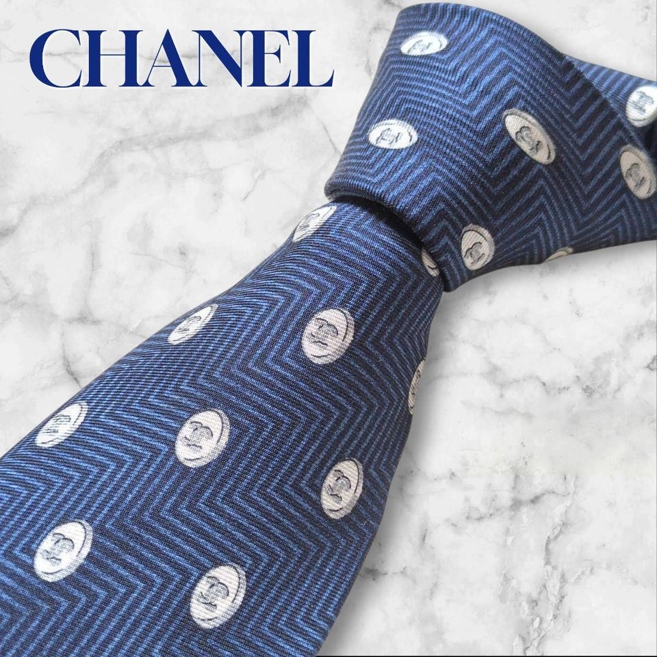 CHANEL Tie Necktie Coco Mark Chain Pattern 3.5in Silk Navy Blue Luxury ...
