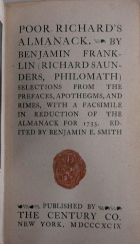 1898 Edition Benjamin Franklin POOR RICHARD’S ALMANACK Leather w/ 1733 ...