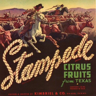 RARE ORIGINAL 1948 "STAMPEDE" CATTLE DRIVE PHARR TEXAS CITRUS CRATE ...