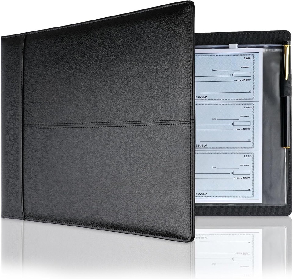 7-Ring Business Check Binder for 600 Checks - Black Faux Leather Folder ...