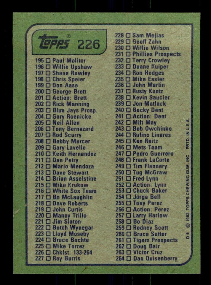 1982 Topps Baseball #226 Checklist 133-264 EX/MT or Better *cc1 | eBay