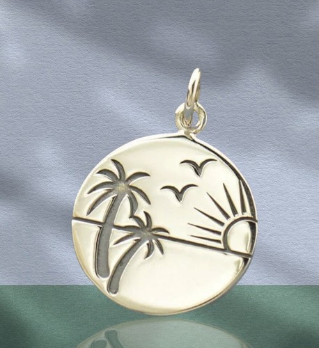 Sterling Silver Beach Charm with Sunset Scene - Etched, Beach Theme ...