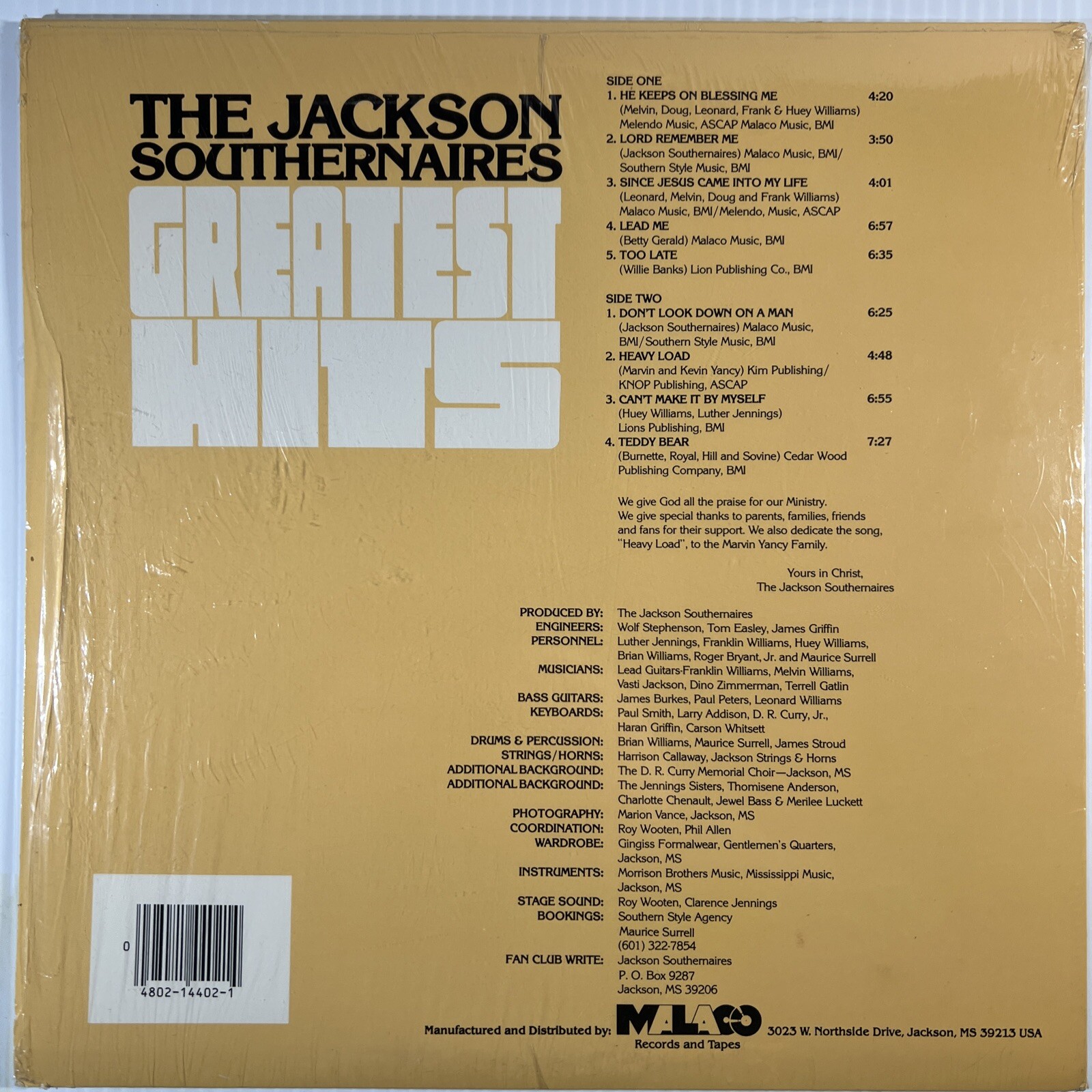 THE JACKSON SOUTHERNAIRES - GREATEST HITS VINYL LP 1985 MALACO MAL-4402 ...