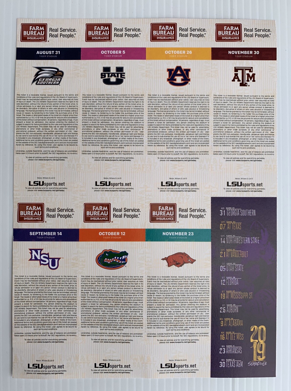 LSU Tigers Football 2019 Full Season 7 Ticket Sheet Stub National ...