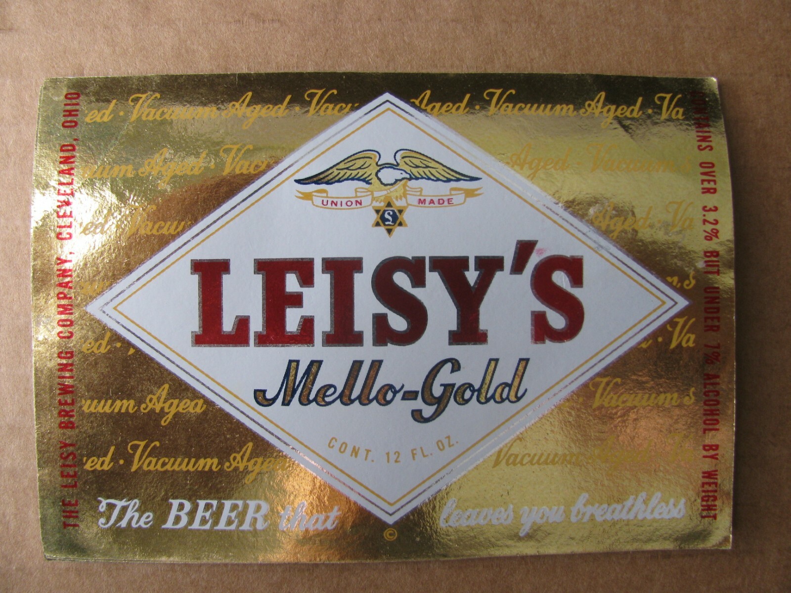 1-LEISY'S MELLO-GOLD BEER BOTTLE LABEL UNUSED LEISY BREWING CO ...