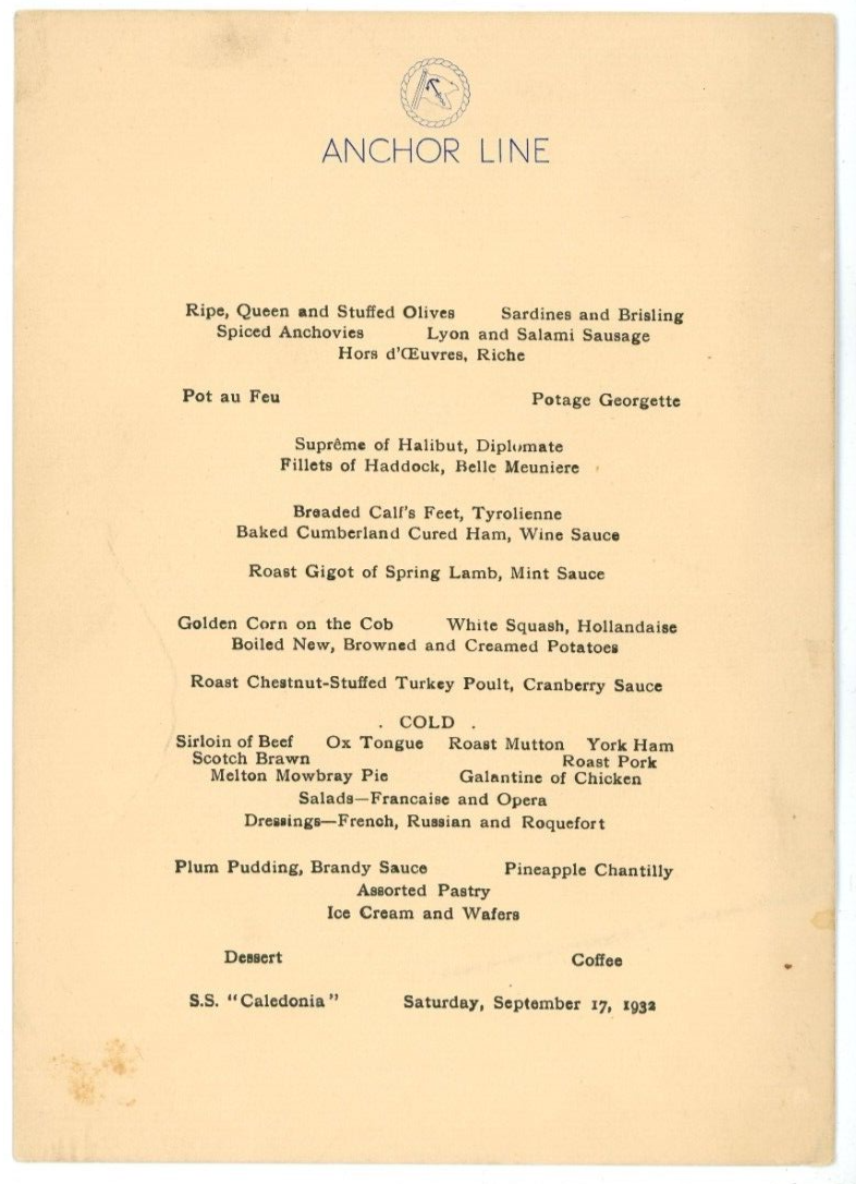 Vintage Menu Anchor Line SS Caledonia Steamship September 17 1932 | eBay