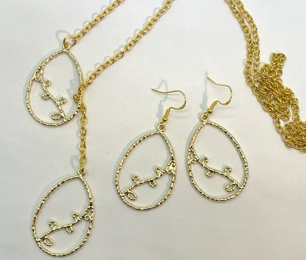 Set Necklace & Earrings Slide Through Hoops w/ Leaf Design. 28" Ear ...