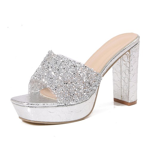 Boho Bling Bling Rhinestone Women Platform Slipper Sandal High Block ...