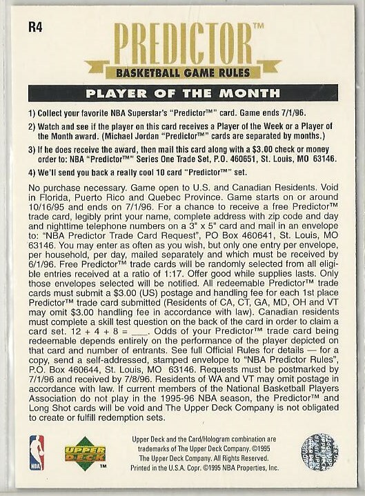 1995-96 Upper Deck PREDICTOR Card #R4 March 1996, MICHAEL JORDAN ...