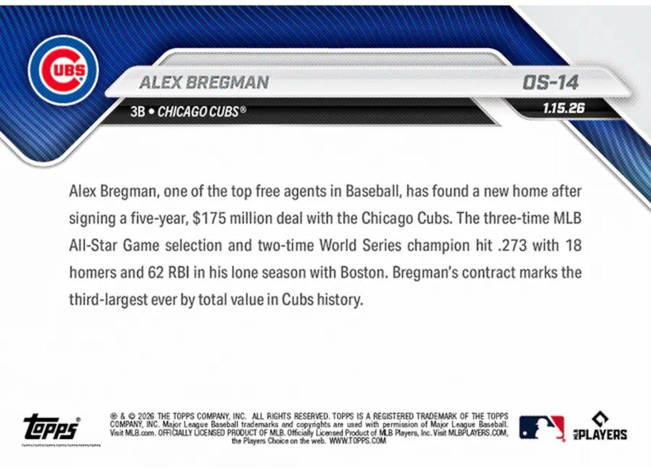 Alex Bregman Signs 5 Years With Cubs - 2025 MLB Topps NOW - Card OS-14 ...