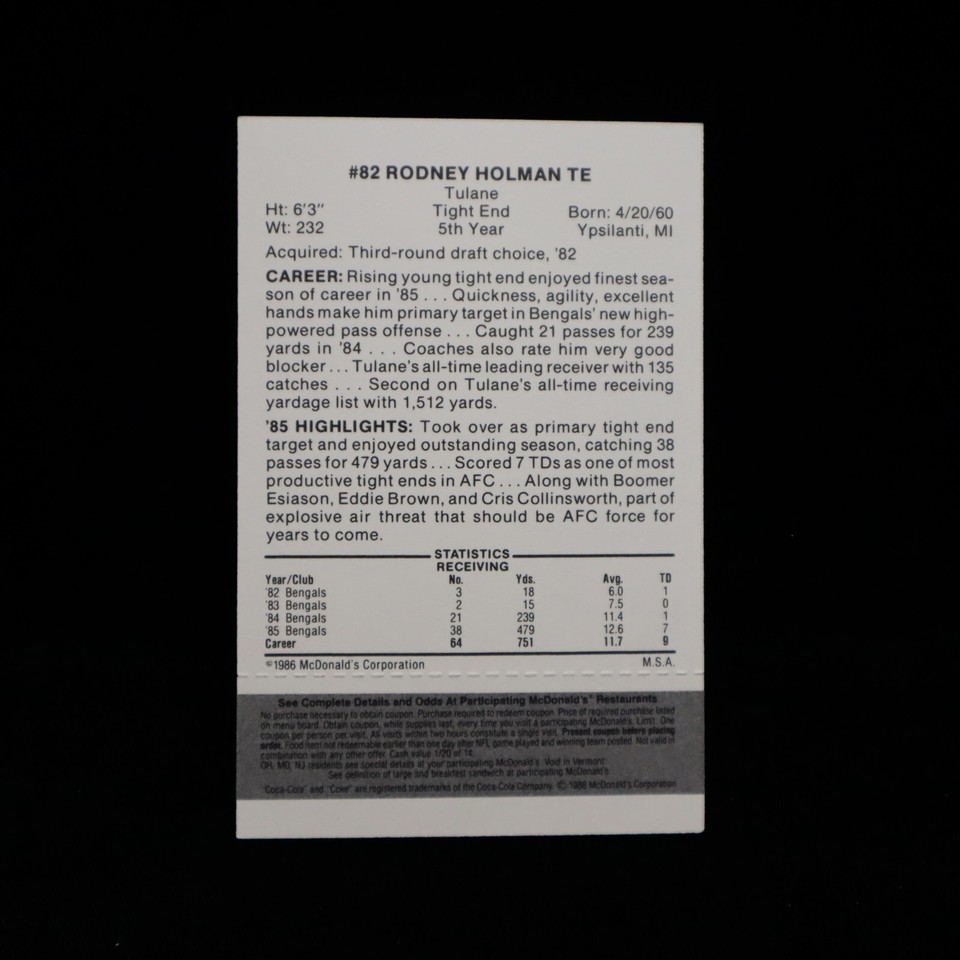 1986 Rodney Holman Cincinnati Bengals McDonald's BLACK Game Card #82 | eBay