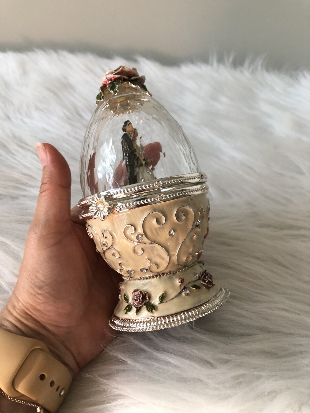 Glass Egg Shape Music box w/Bride Groom Brass & Glass Floral ...