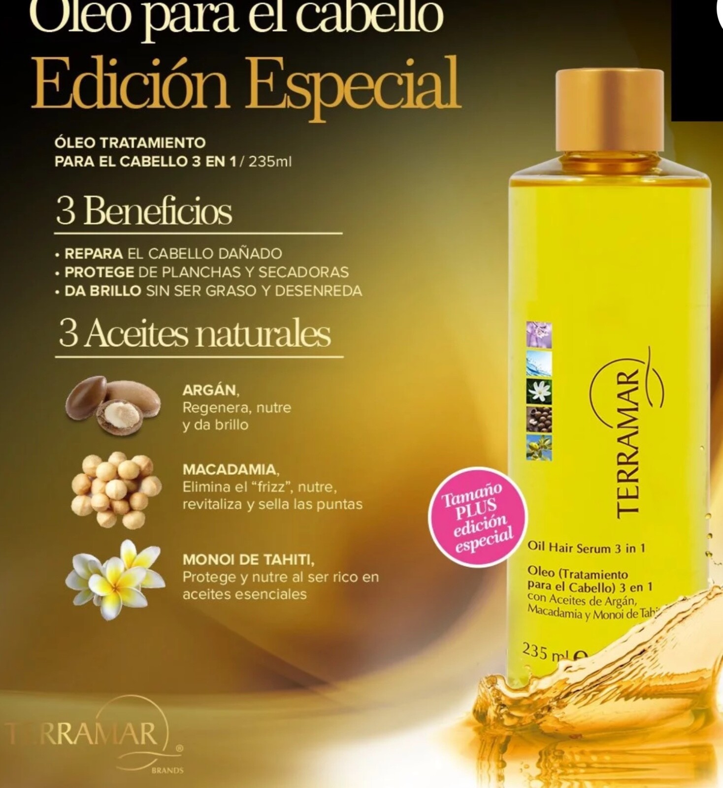 Terramar Oleo 3 in 1 Hair Argan Oil Macadamia, Tahitian Monoi Oil ...