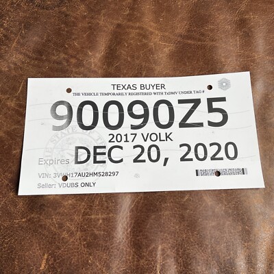 2020 Texas temp tag license plate BUYER December 20 VDUBS Only # 90090 ...