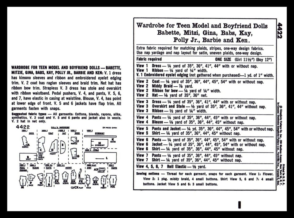 Simplicity 4422 Barbie Fashion TEEN DOLL Fabric Sewing Pattern Vintage ...