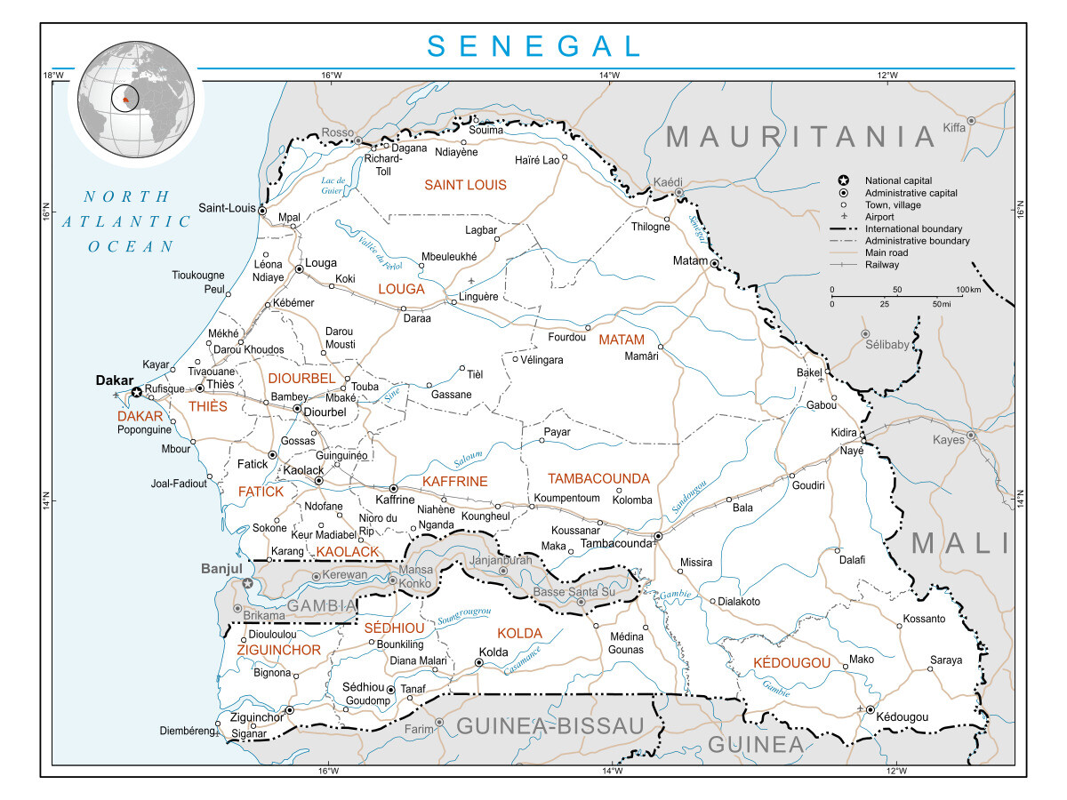 Senegal Political Administrative Province Road Highway Rail City ...