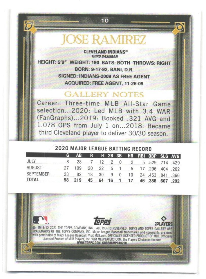 2021 Topps Gallery Jose Ramirez #10 Printer Proof | eBay