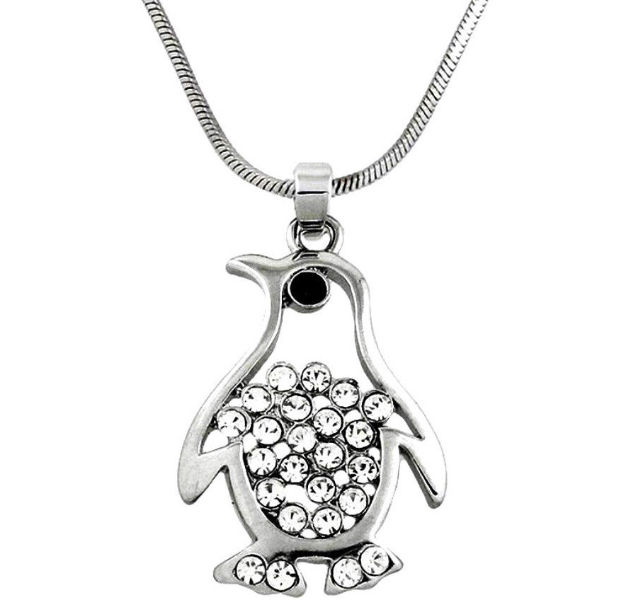 Silvertone Penguin Pendant Necklace 18" Chain Rhinestone Crystals Fast ...
