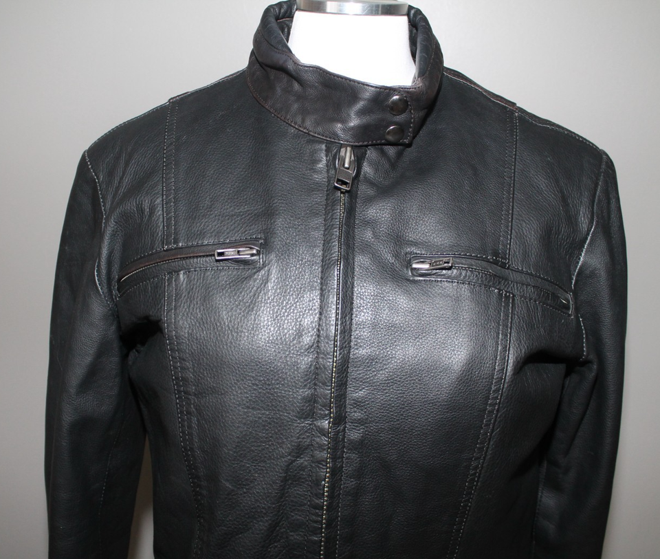 Jamin Black Leather Jacket Women's Large Motorcycle Cafe Racer Rocker ...